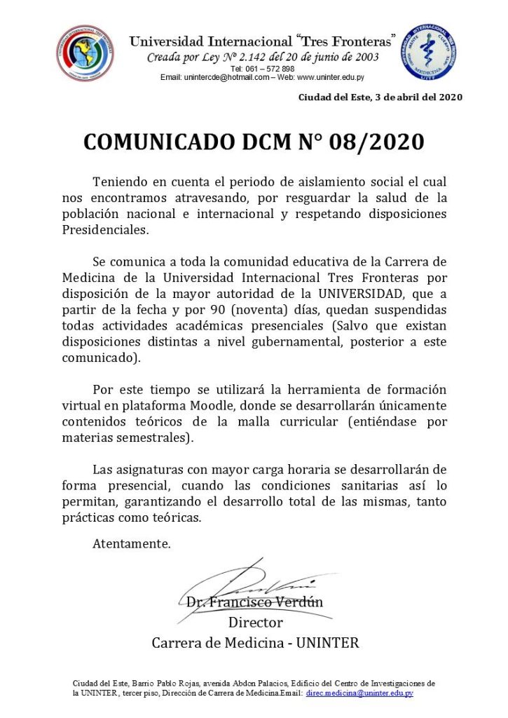 COMUNICADO DCM N° 08/2020 – Facultad de Ciencias de la Salud